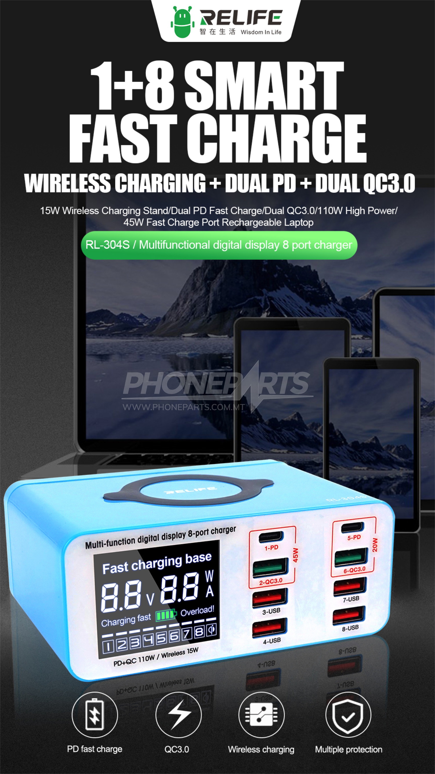 RELIFE SMART DIGITAL DISPLAY 8 PORT/WIRELESS FAST CHARGER RL-304S (110W ...