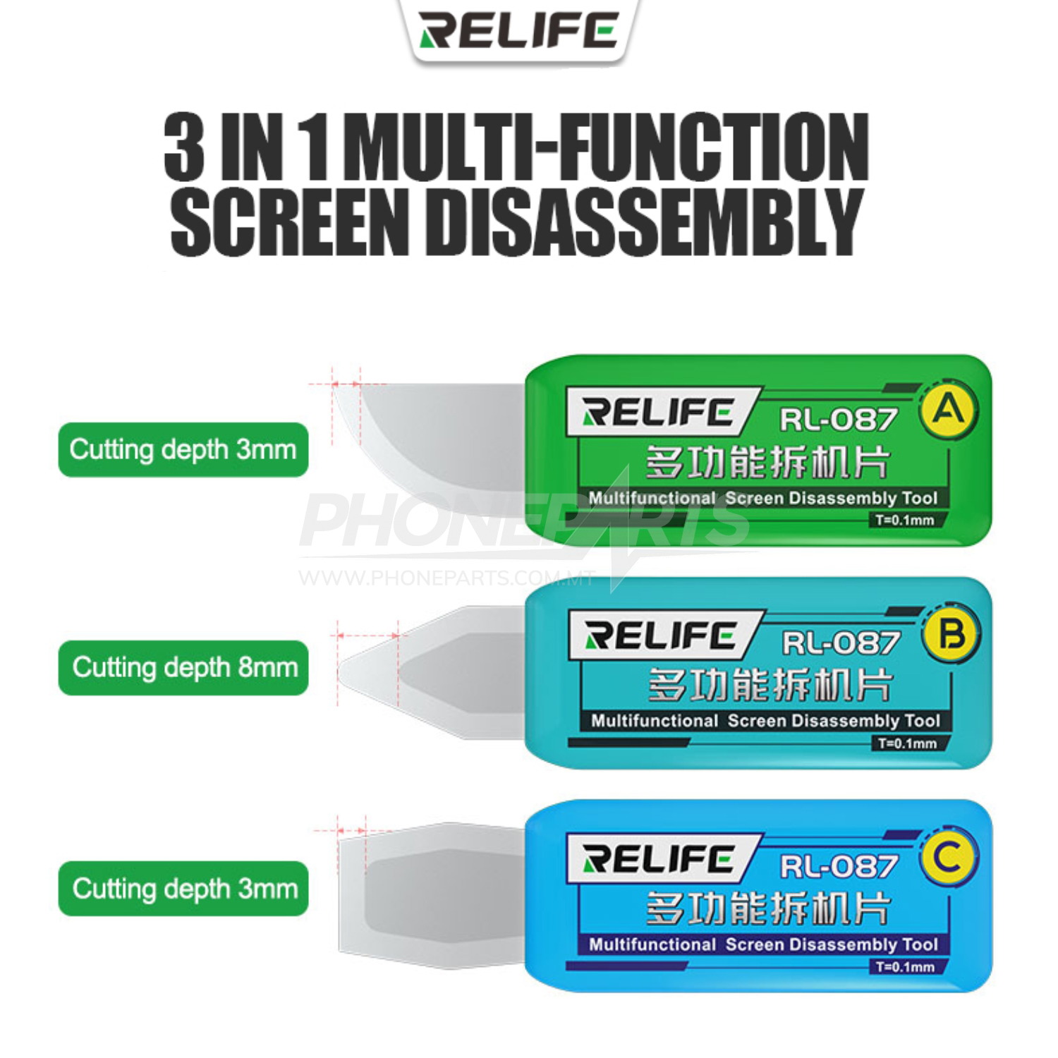RELIFE RL-087 3 IN 1 MULTIFUNCTIONAL SCREEN DISASSEMBLY BLADE TOOL SET ...
