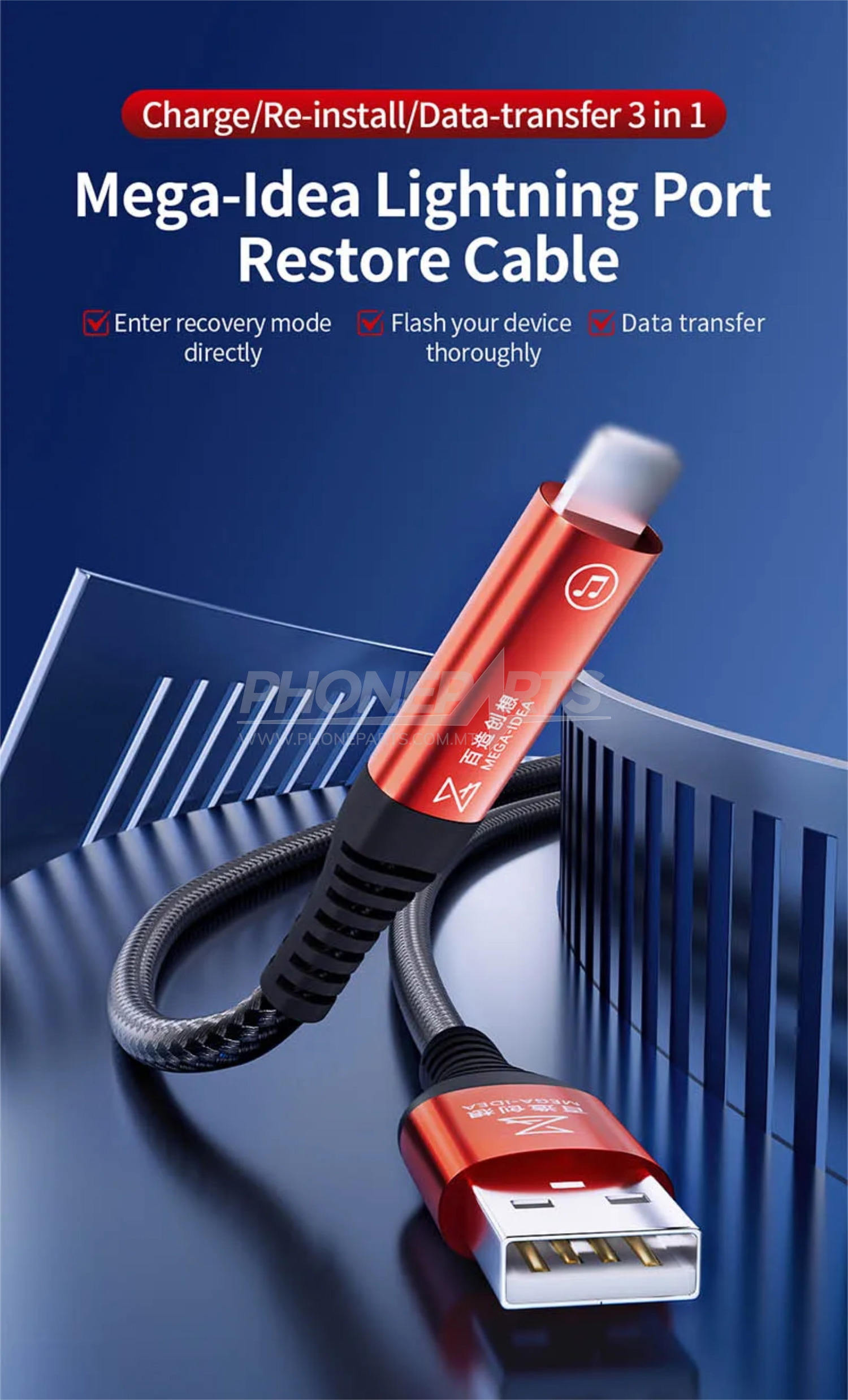 MEGA-IDEA LIGHTNING PORT RESTORE CABLE (1 meter) - Phoneparts