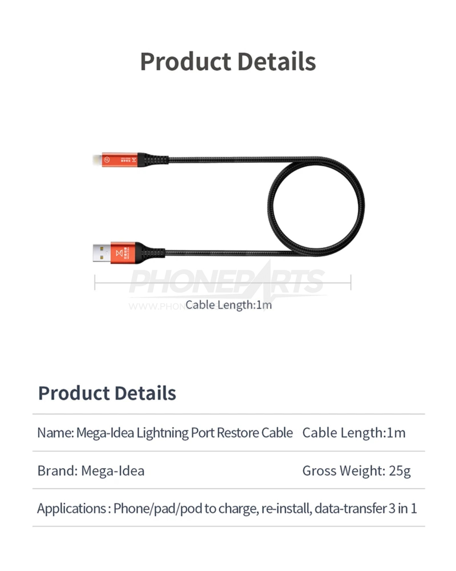 MEGA-IDEA LIGHTNING PORT RESTORE CABLE (1 meter) - Phoneparts