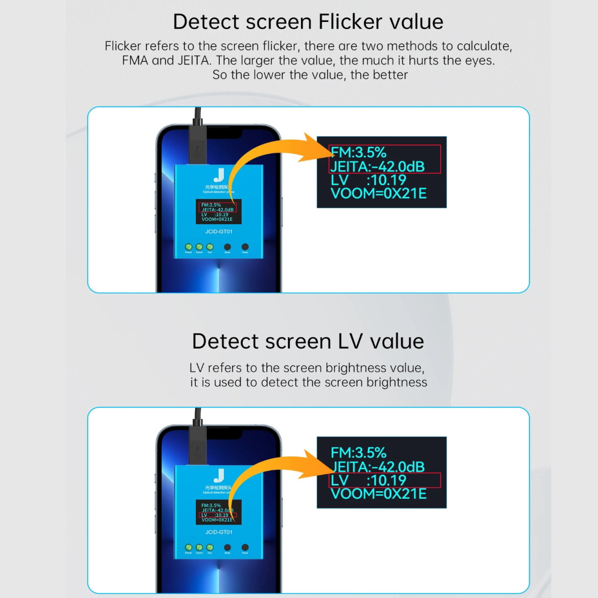 JCID GT01 Optical Detection Probe For Screen Flicker And LV Value ...