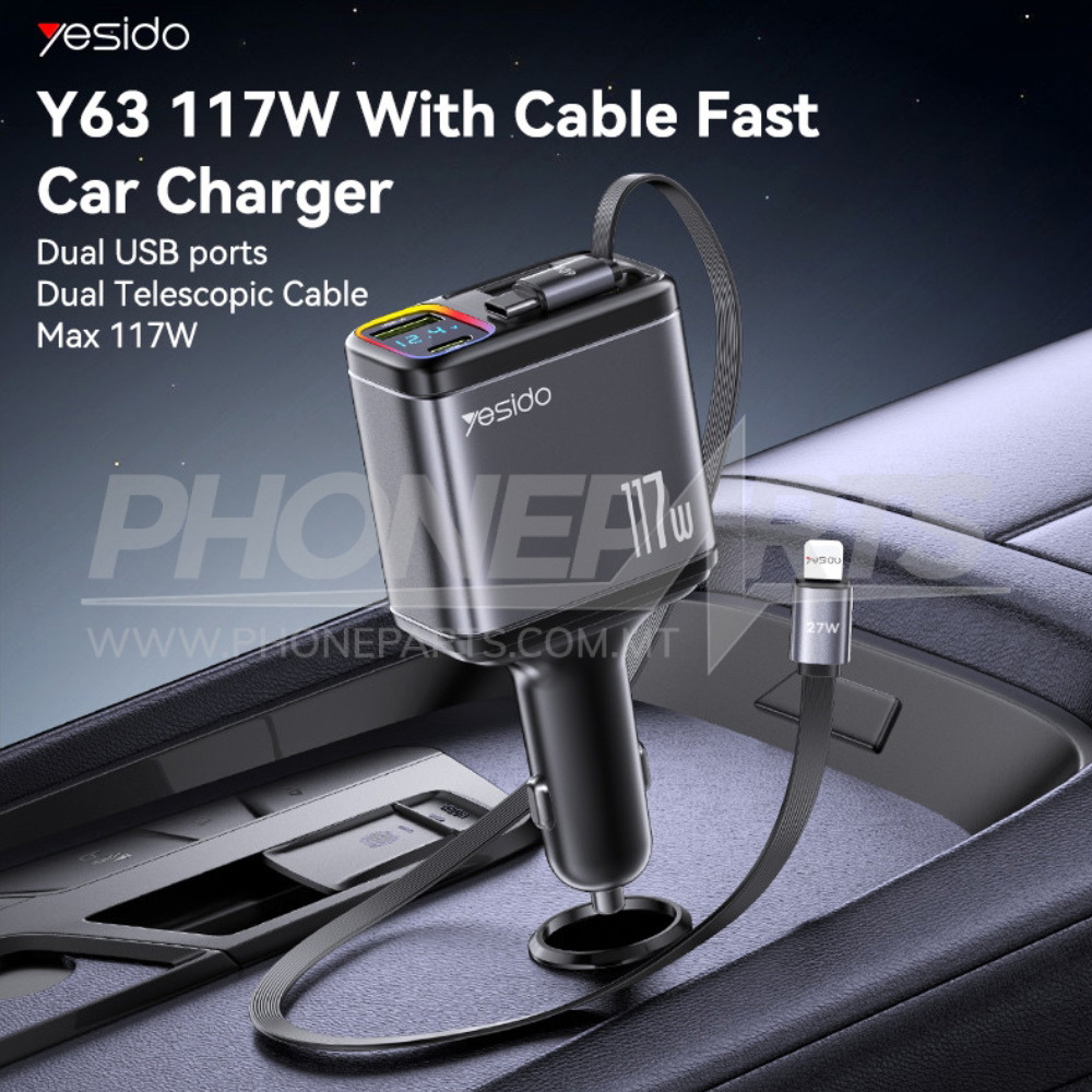 Yesido Y63 117W LED Power Display With Telescopic Cable USB & TC Ports Fast Charging Car Charger ...